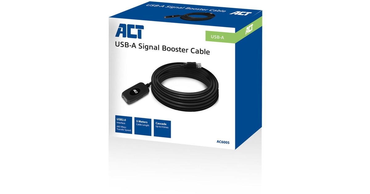 ACT Connectivity USB 2.0 Signaalversterker, 5 meter verlengkabel Zwart